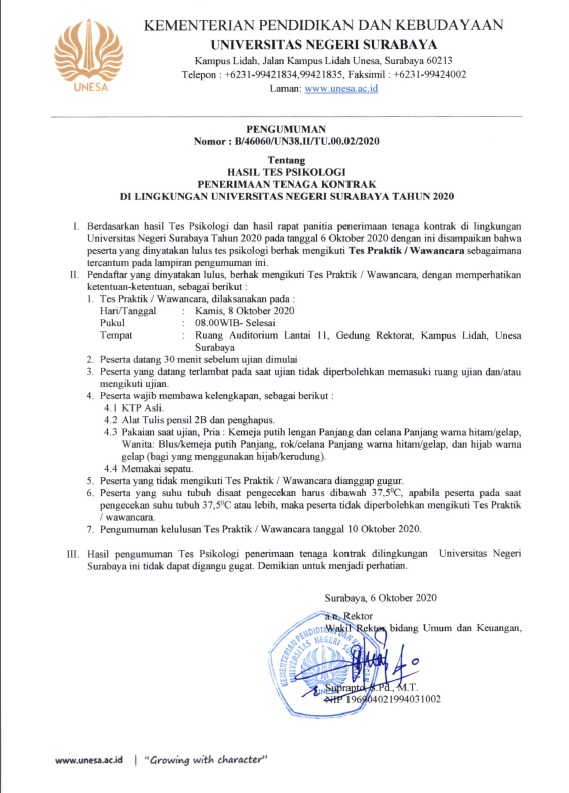HASIL TES PSIKOLOGI PENERIMAAN TENAGA KONTRAK DI LINGKUNGAN UNIVERSITAS ... HASIL TES PSIKOLOGI PENERIMAAN TENAGA KONTRAK DI LINGKUNGAN UNIVERSITAS ...